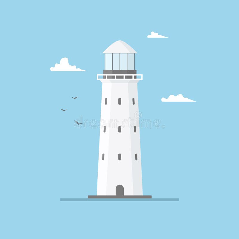 Flat Illustration of Lighthouse Building and Blue Sky. Searchlight ...