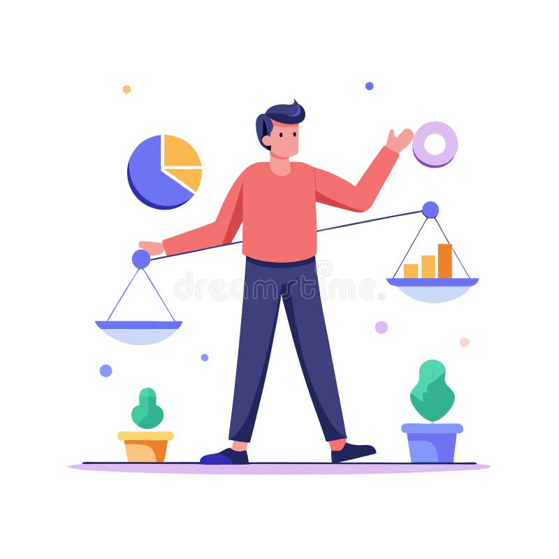 Balancing Business: Man with Scales, Pie Chart and Bar Graph in Flat ...