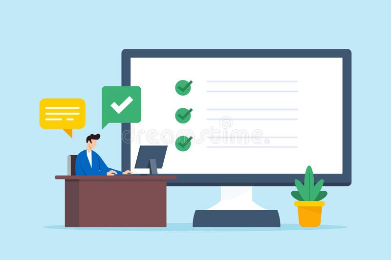 Flat Illustration of Man Finishes Online Questionnaire on Computer ...