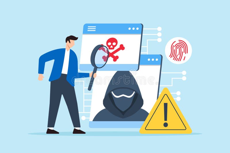 Flat Illustration of Man Investigating Cyber Threat and Digital Attacks ...