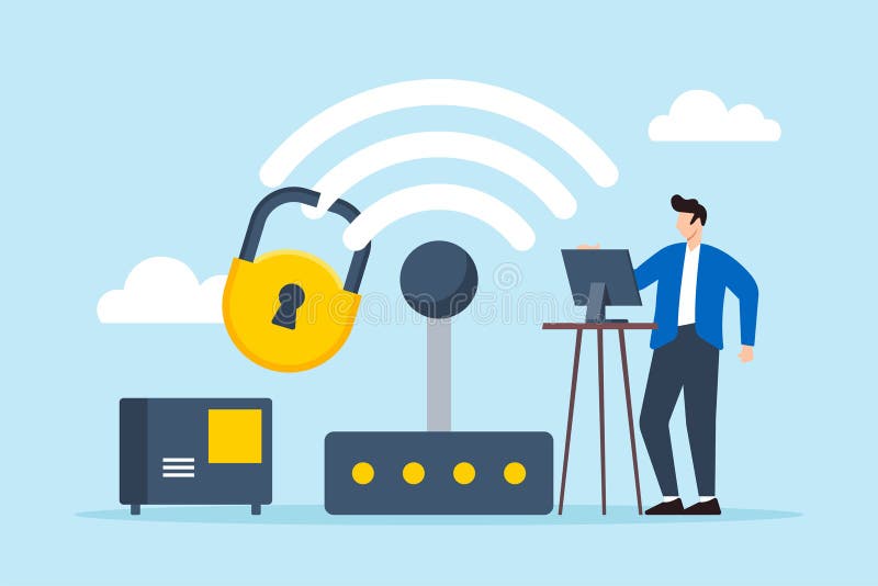 Flat Illustration of Man Securing Wireless Network Wi-fi Security and Network Protection Stock ...