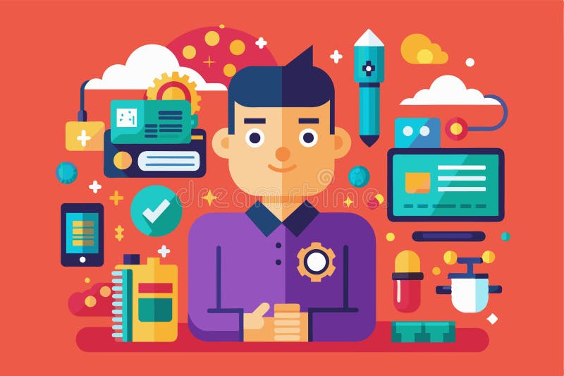 Flat Illustration of a Man Surrounded by Technology Icons, Depicting ...
