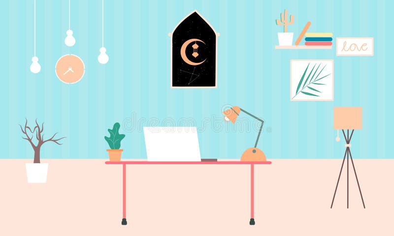 Flat Illustration of Modern Workplace in Room. Creative Office ...