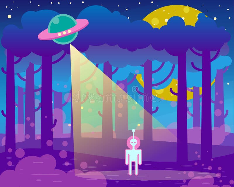Flat Illustration about Night Landscape, Ufo Elements - Alien and ...