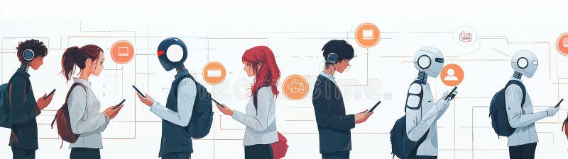 Flat Illustration of People and Robots Interacting with Technology ...