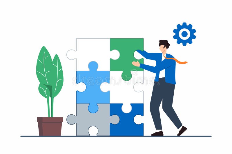 Flat Illustration of Person Assembling Puzzle Pieces into New Shape ...