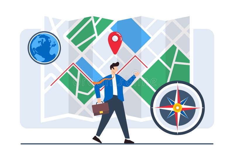 Flat Illustration of Person Holding Briefcase with Compass and Map ...