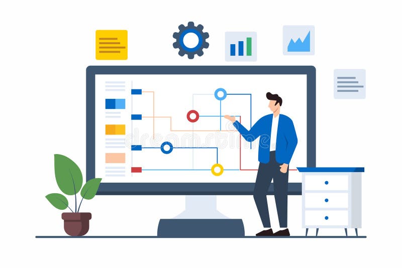 Flat Illustration of Person with Project Management Software Stock ... Flat Illustration of Person with Project Management Software Stock ...