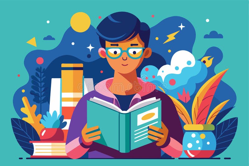 A Flat Illustration of a Person Reading a Comic Book, Surrounded by ...