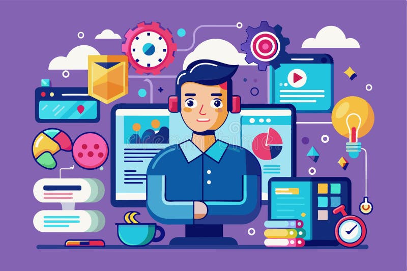 Flat Illustration of Person Working on Computer with Sync Data and ...