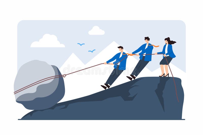 Flat Illustration of Professionals Pulling Heavy Boulder Uphill ...