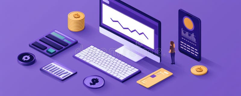 Flat Illustration of a Purple Financial Analytics Workspace Featuring ...