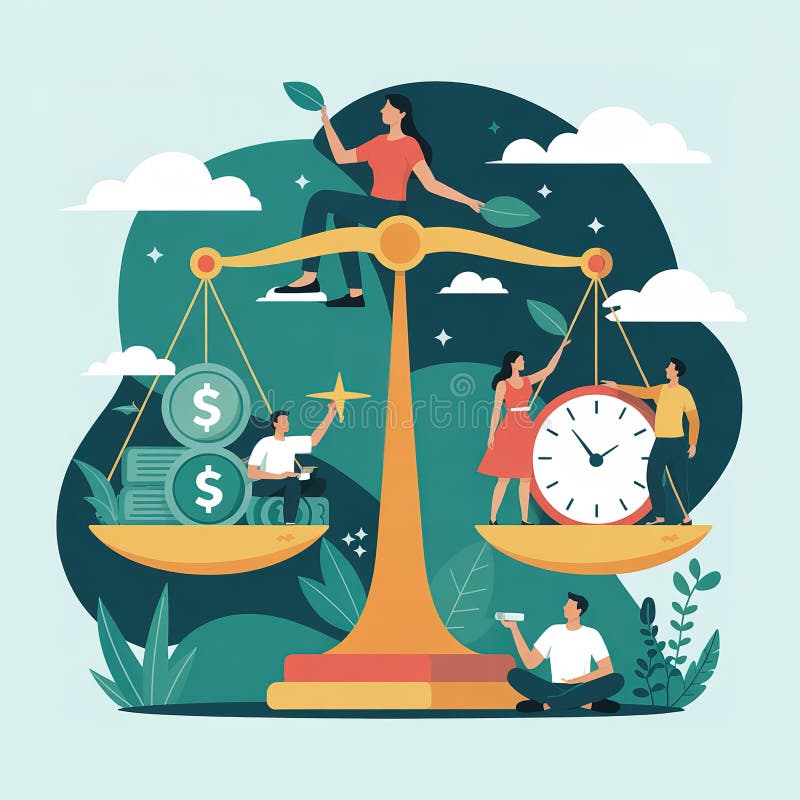 Scales with People, Clock, Leaf, and Dollar Coins in Flat Design on ...