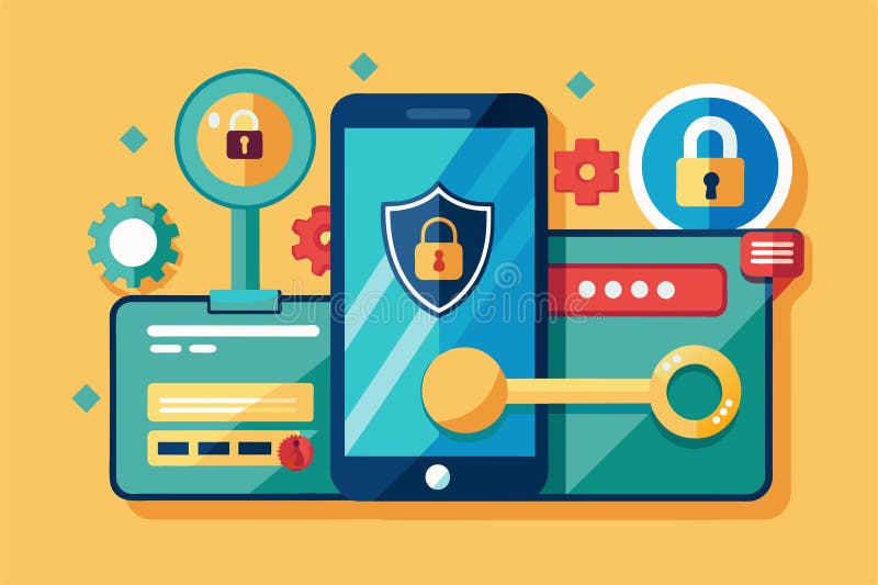 A Flat Illustration Showcases a Smartphone with Encryption Key Elements ...
