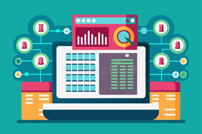 A Flat Illustration Showcasing a Laptop Displaying Binary Code, Data Analysis Tools, and ...