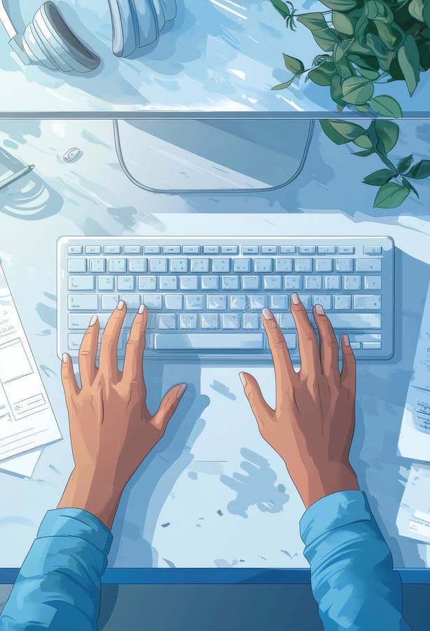 Flat Illustration of Hands Typing on a Keyboard in a Modern Workspace ...