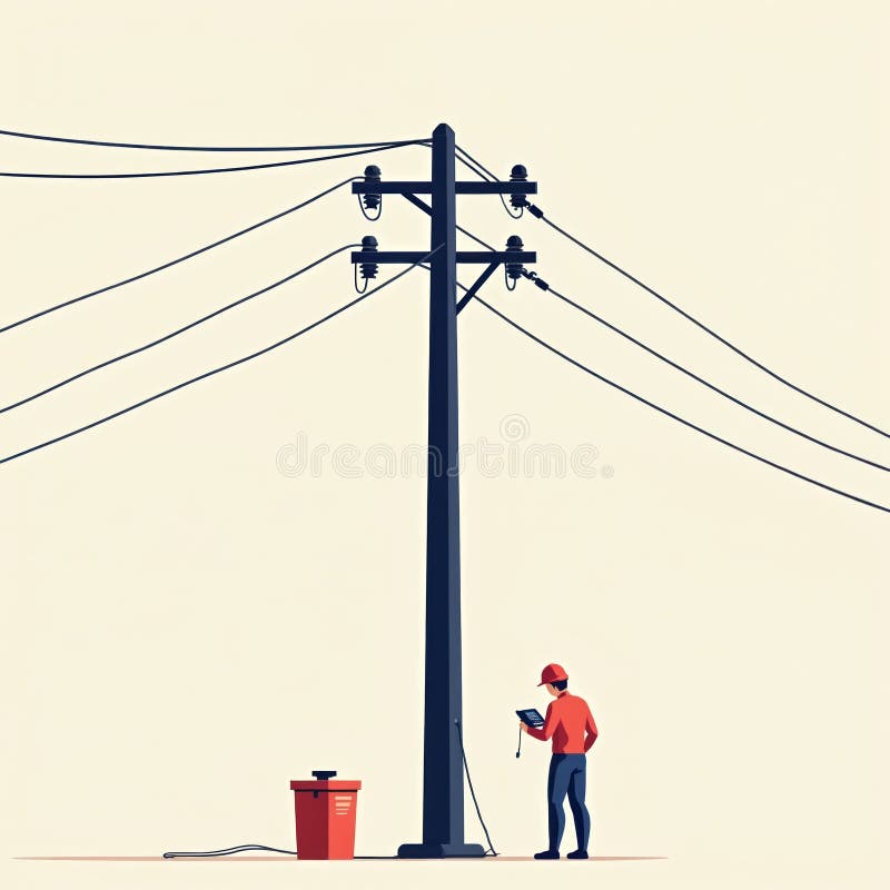 Flat Illustration Shows Electrical Engineering Work with Utility Pole ...