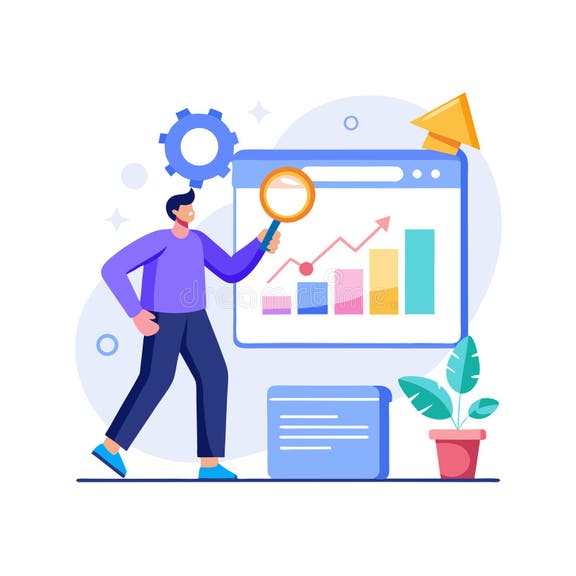 Data Analysis and Insights: Flat Illustration of a Man Analyzing Data with Magnifying Glass ...