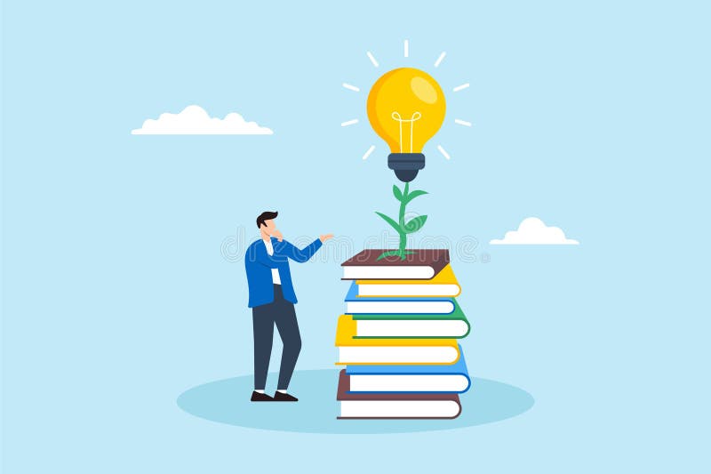 Flat Illustration of Smart Young Man with Book Stack and Light Bulb Plant Represents Knowledge ...