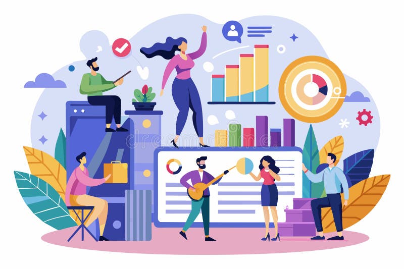 Flat Illustration of a Team Analyzing Performance Data on a Screen with ...