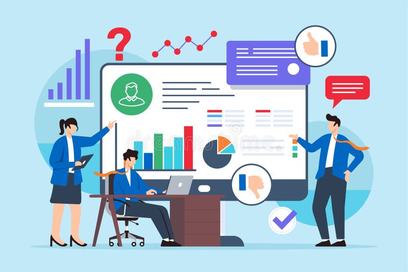 Flat Illustration of Team Evaluating Survey Data To Solve Customer ...
