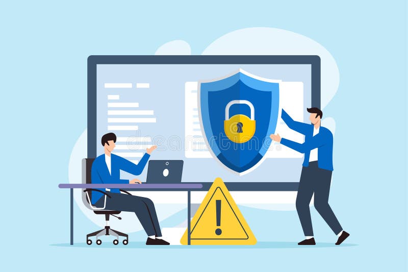 Flat Illustration of Two Men Shielding Computer from Data Breach ...