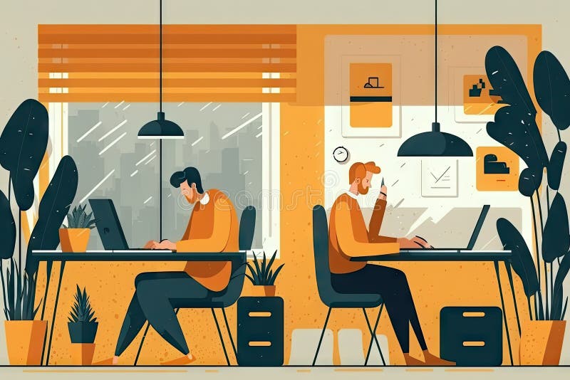 Flat Illustration of Two People Working in Office, Using Laptops and ...