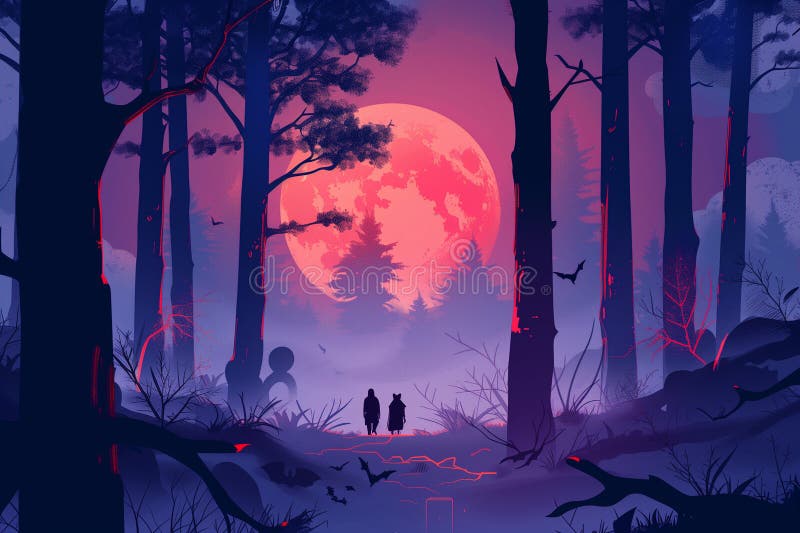 A Flat Illustration of a Vampire and Werewolf Silhouetted Against a ...