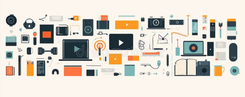 Flat Illustration of Various Digital Devices and Multimedia Elements in ...
