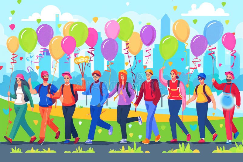 A Flat Illustration of Workers Walking in a Parade with Balloons Stock ...