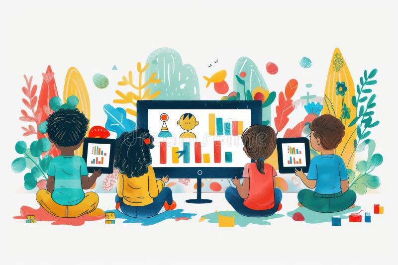 A Flat Illustration of Young Children Playing Interactive Learning ...