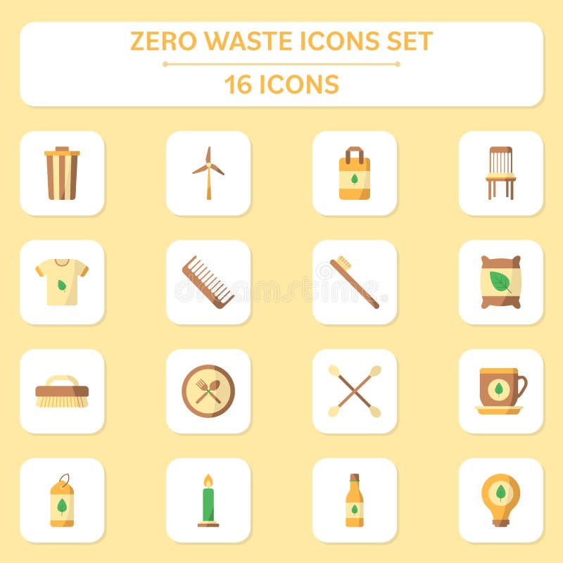 Flat Illustration of Zero Waste Icon Set on White and Yellow Square ...