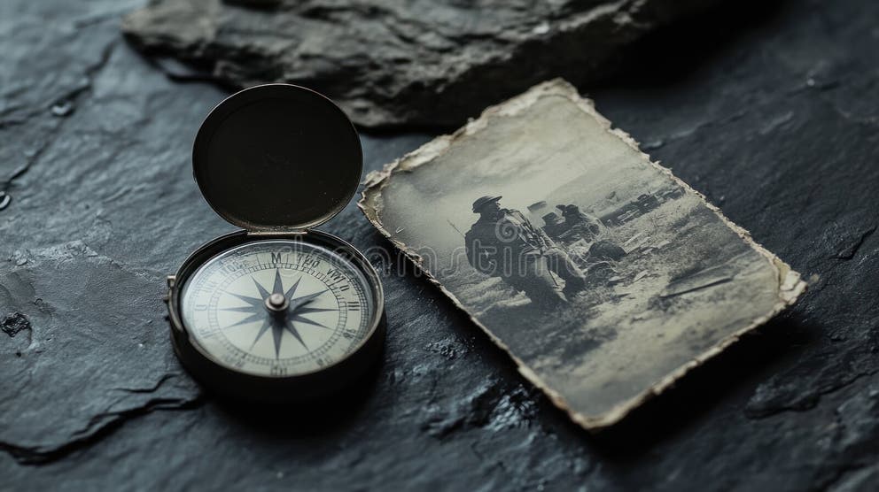 War Remembrance Postcard Featuring Broken Compass and Faded Photo Stock ...