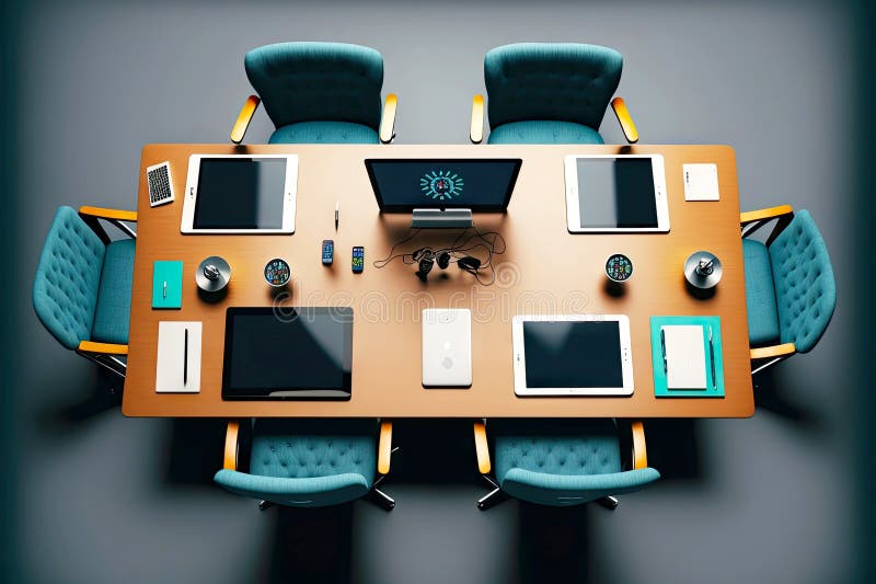 Flat Image Conference Table with Chairs and Tablets on Top Stock ...