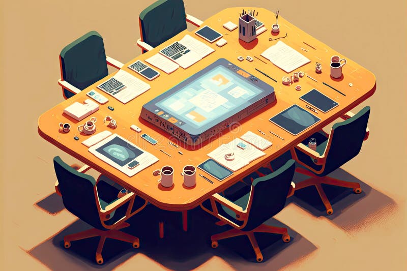 Flat Image Conference Table with Chairs and Tablets on Top Stock ...