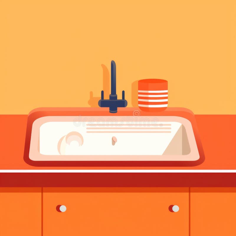 Flat Image of a Kitchen Sink on an Orange Background. Simple Vector ...