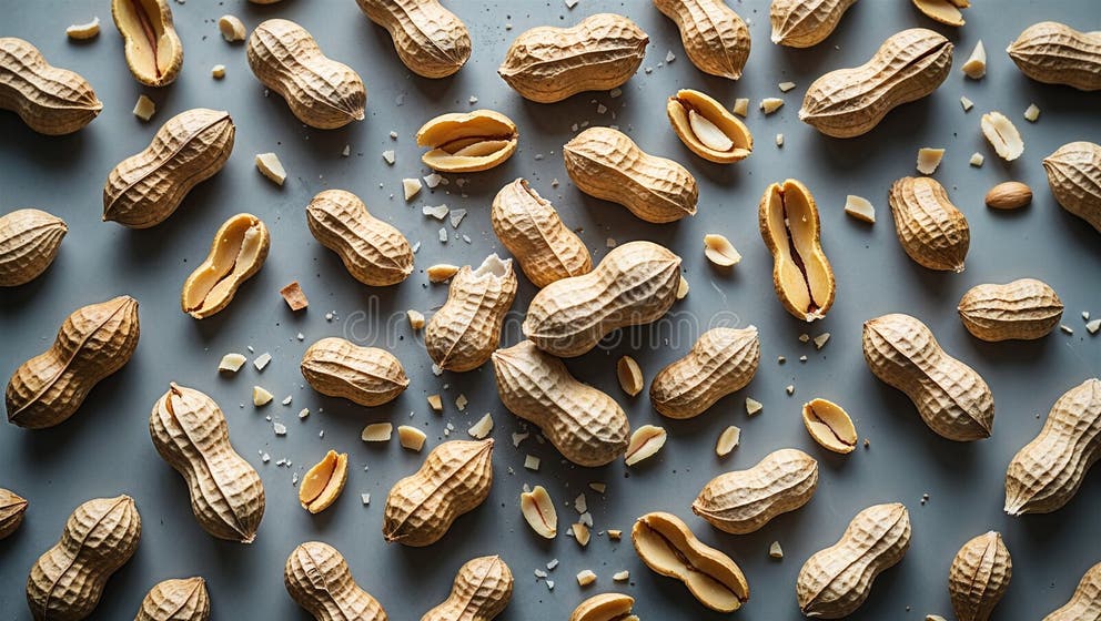 Flat Image of Peanut Shells Cracked Open and Spread on Countertop with ...
