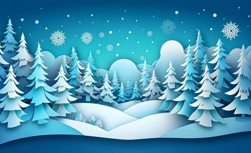 Flat Image with Snow and Trees in Paper Cut Style Stock Image - Image ...