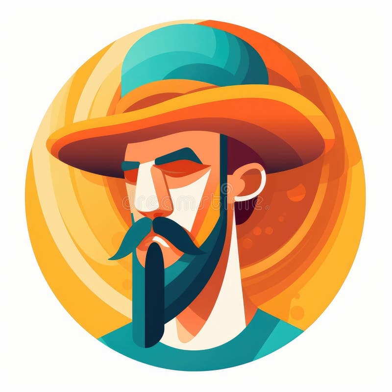 Flat Image of a Stylized Male Character Design with a Hat and Mustache ...