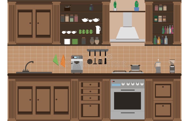 Flat Interior of a Kitchen or Kitchen Area in Brown Tone Stock Vector ...