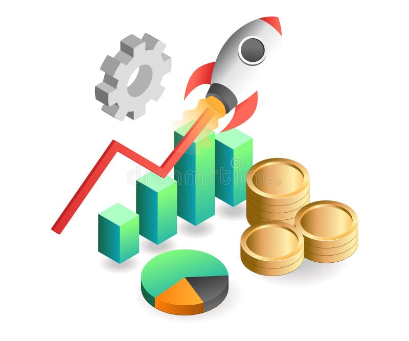 Flat Isometric Concept Illustration. Rocket Launch Analysis with Money ...