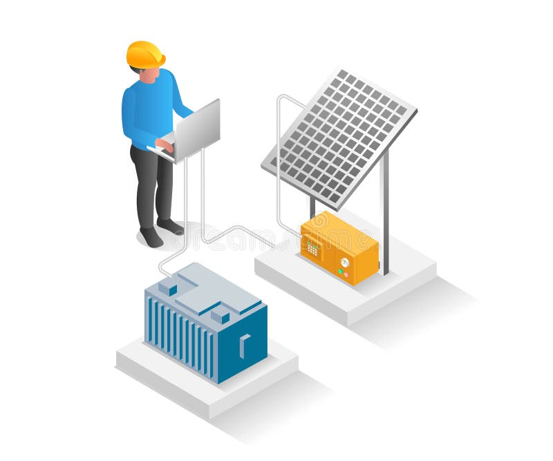 Flat Isometric Concept Illustration. Technician Installing Solar Panels ...
