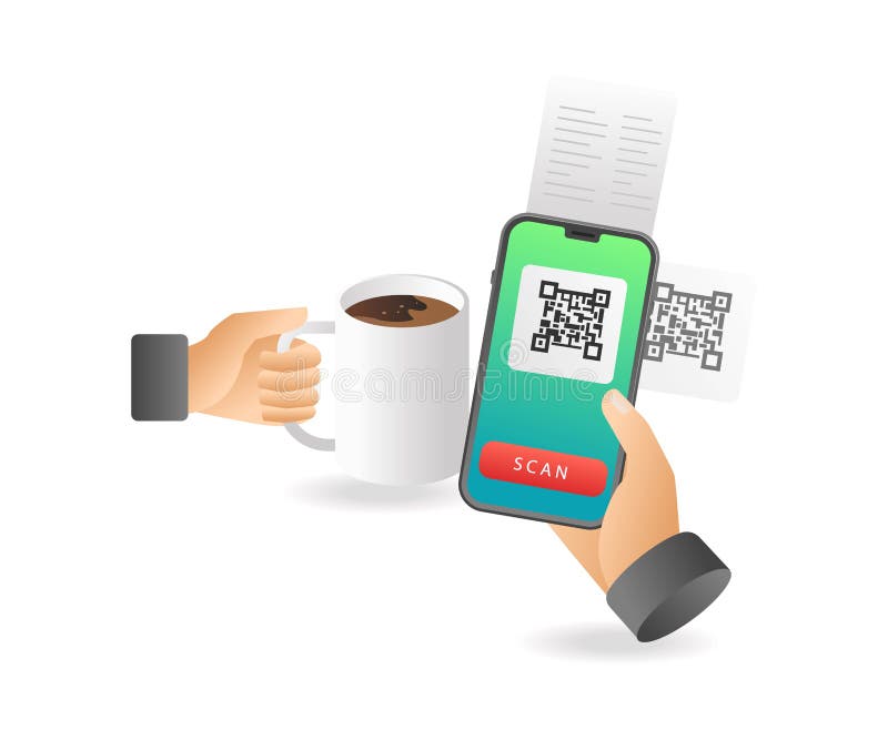 3d Flat Illustration of Drinking Coffee Looking at Barcode Stock ...