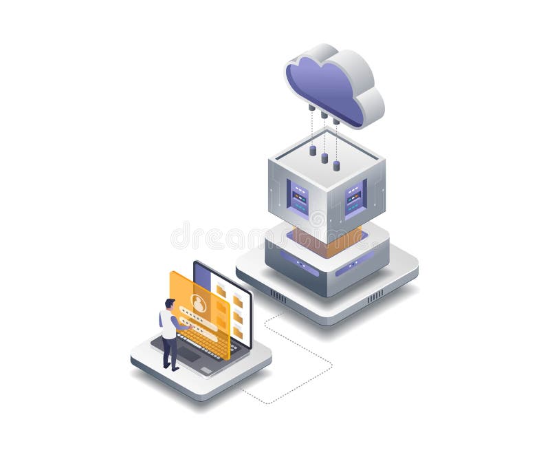 Flat Isometric Illustration Concept. Man Controlling Central Server ...