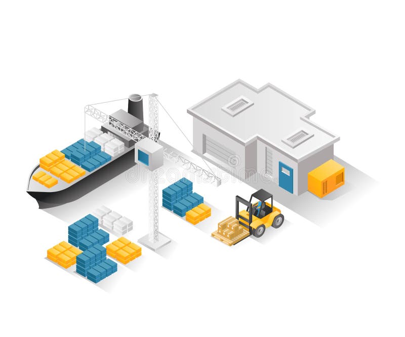 Warehouse Port Isometric Projection. Ships with Containers on the Berth ...