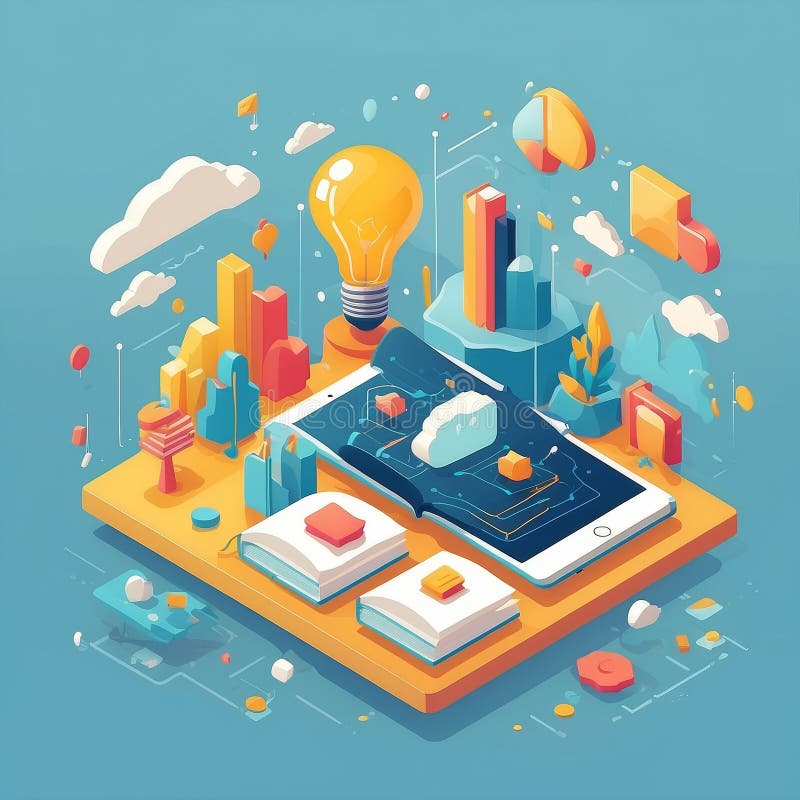 Flat Isometric Illustration of Digital Classroom with AR Books and ...