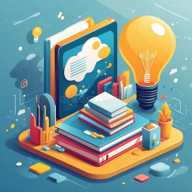 Flat Isometric Illustration of Digital Classroom with AR Books and ...