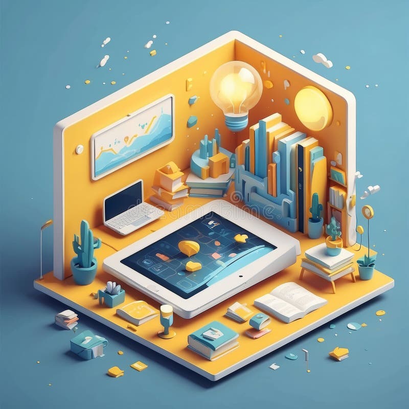 Flat Isometric Illustration of Digital Classroom with AR Books and ...