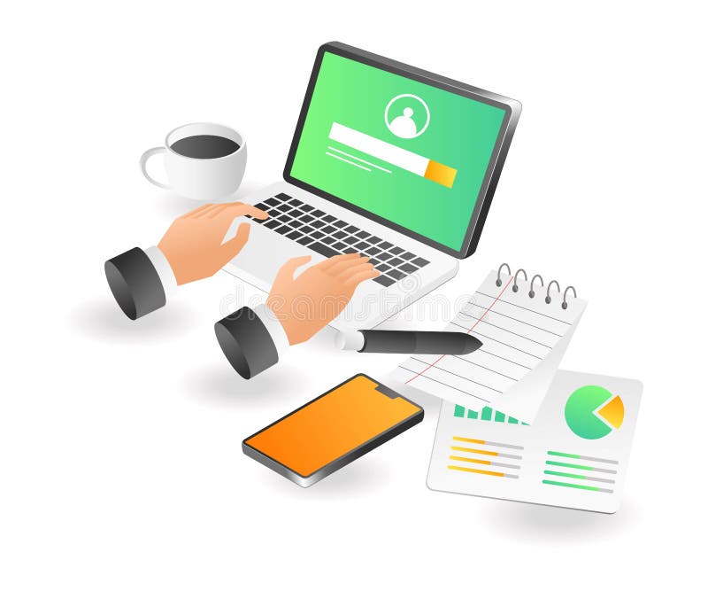 Flat Isometric Illustration Landing Page Concept. Account Login at Work ...