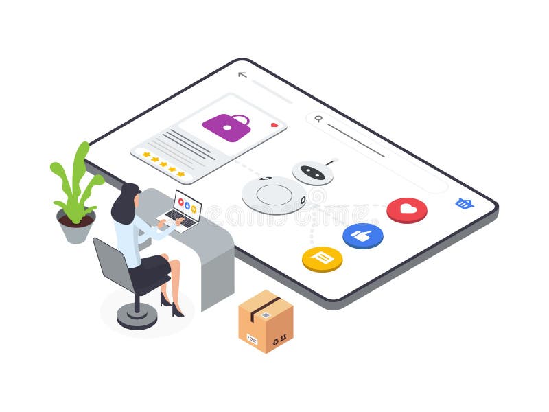 Flat Isometric Illustration Set of AI Powered Woman Creating Ads for an ...